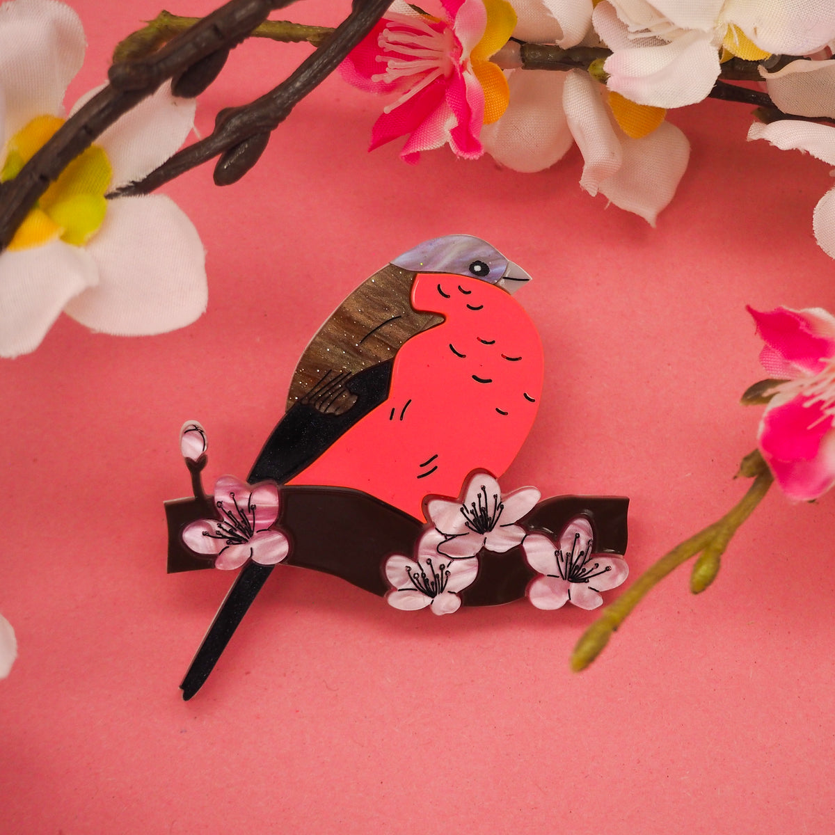 Dolly Dimple Design : Bullfinch & Cherry Blossom Brooch – Broochaholic